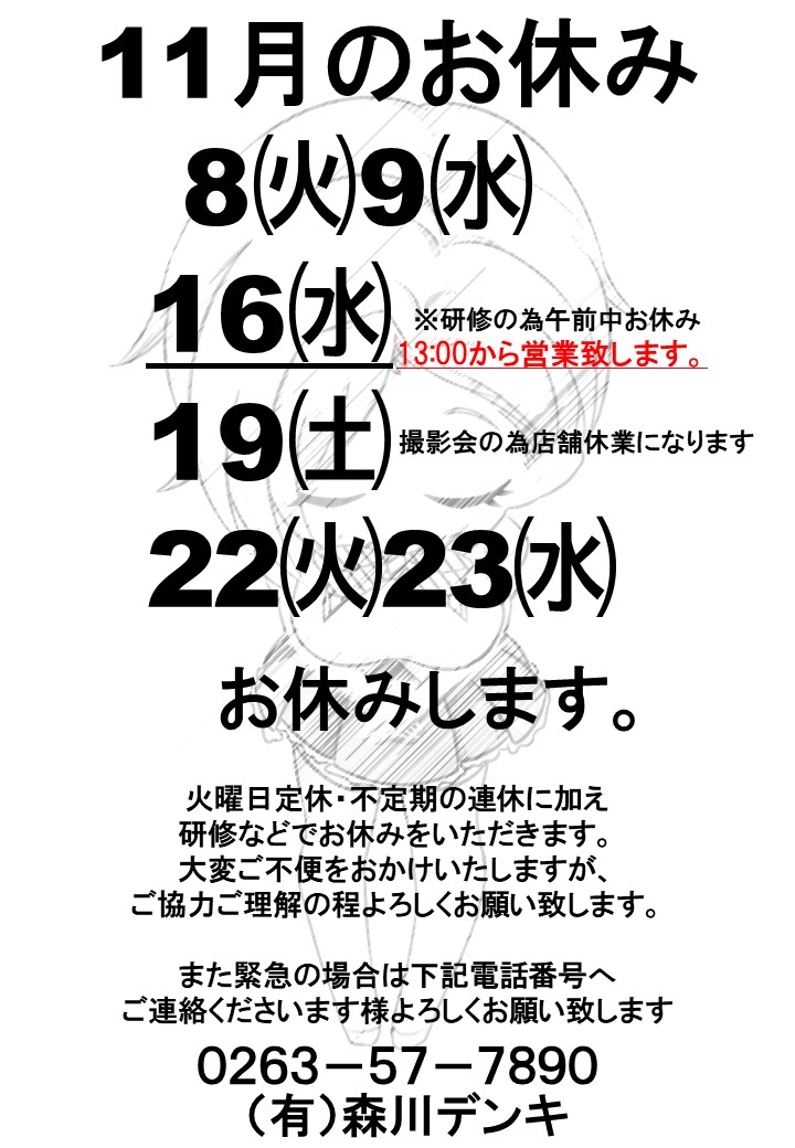 2022年11月店休日のお知らせ - STACC MORIKAWA - 長野県塩尻市のソニーショップ